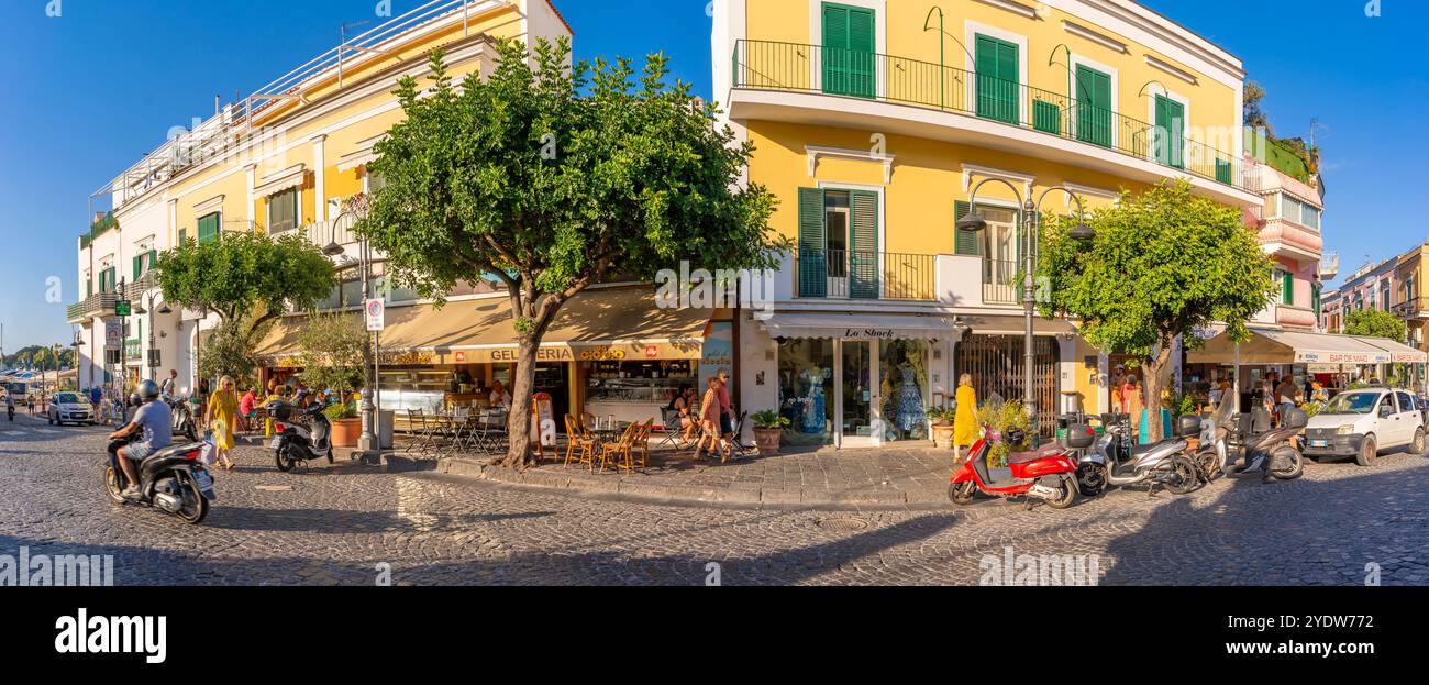 View of cafes and shops in Porto d'Ischia (Port of Ischia), Island of ...