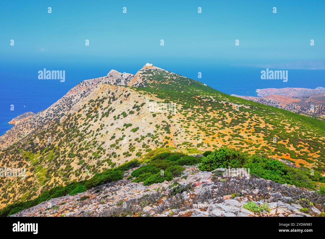 View of Prophet Elias Monastery perched on the top of Sifnos Island ...