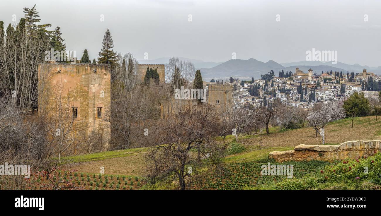 Panoramic view of Alhambra wall and Granada, Spain, Europe Stock Photo ...