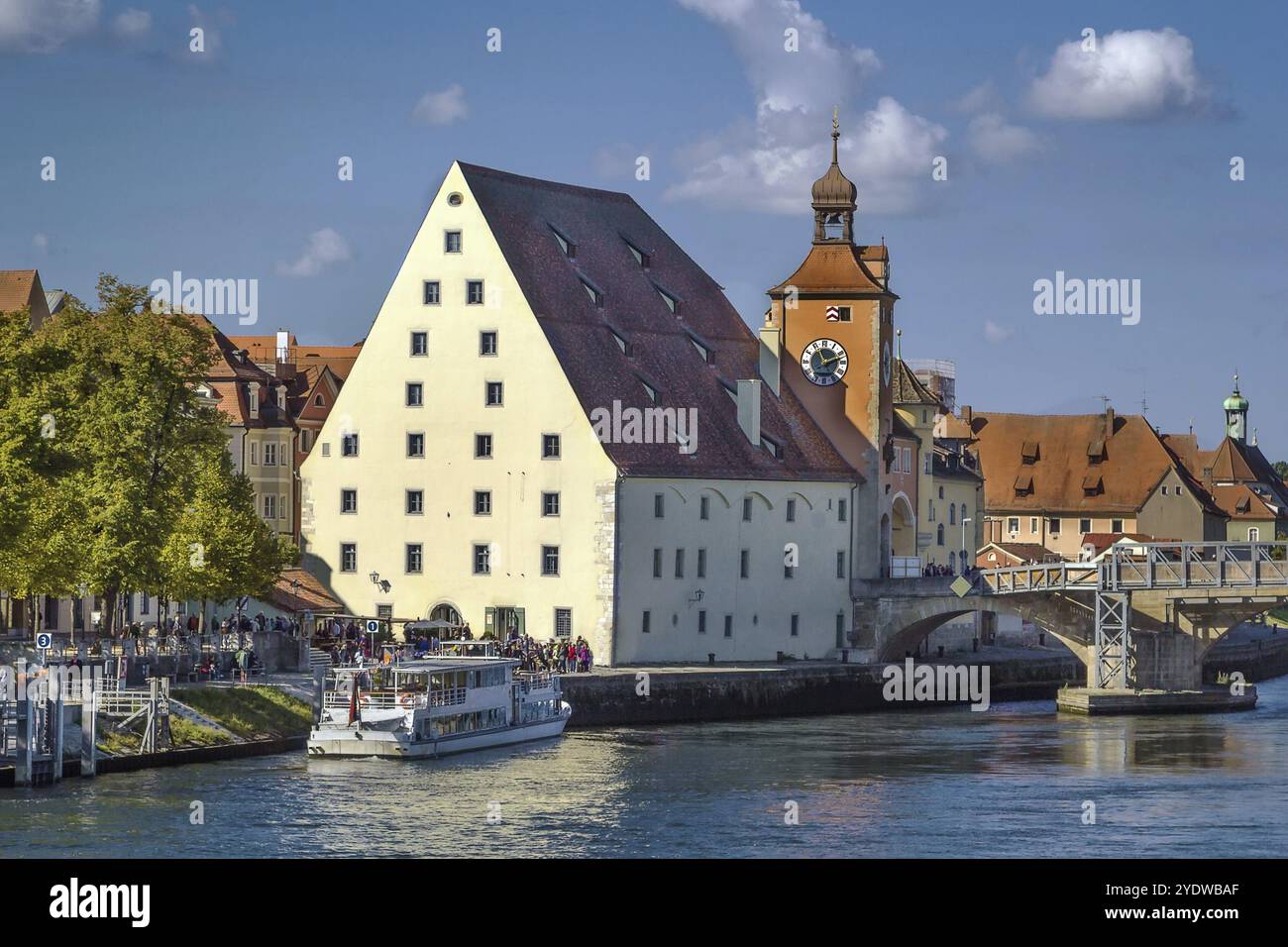 View of old bridge tower and Salt Warehouse from Danube in Regensburg ...