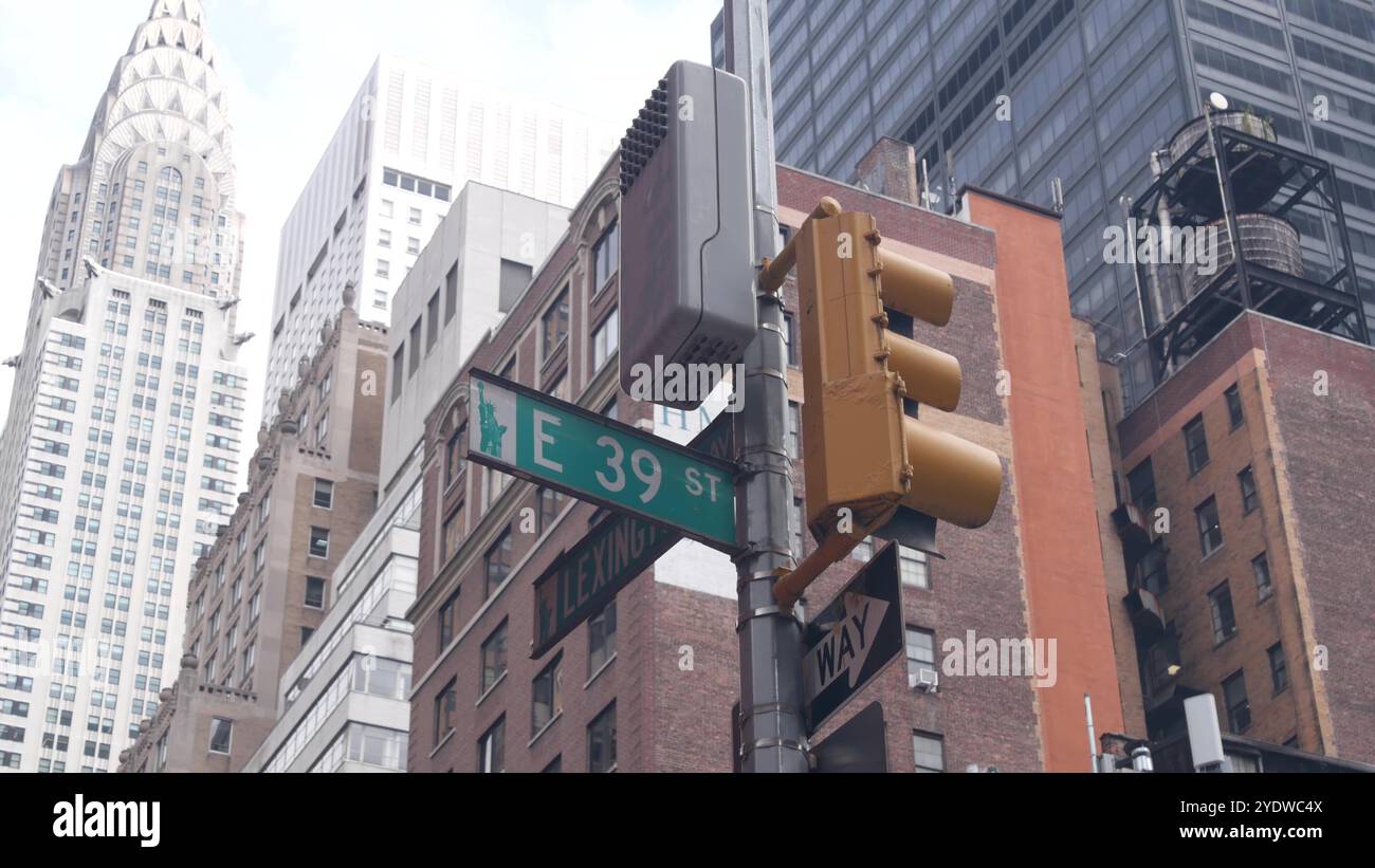 New York City crossroad, Lexington street intersection road sign post ...