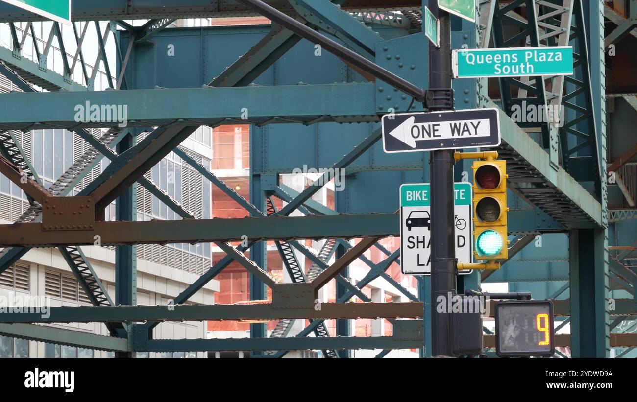 New York elevated subway, metropolitan bridge, metro track above street ...