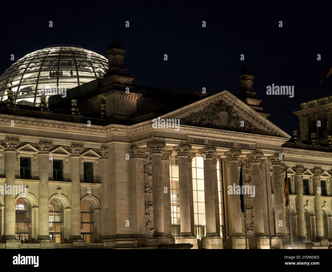 Building illuminated at night with dominant dome, Berlin, Germany ...
