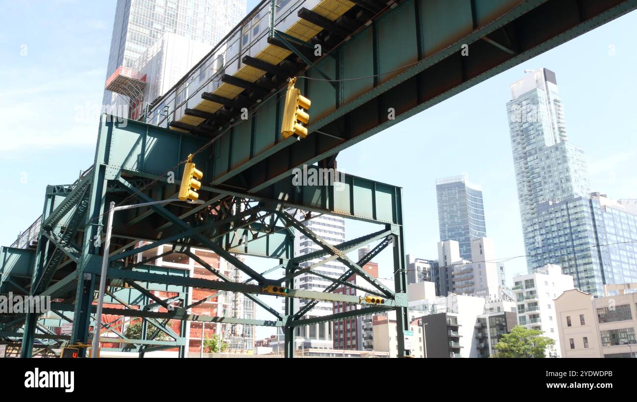 New York elevated subway, metropolitan bridge, metro track above street ...