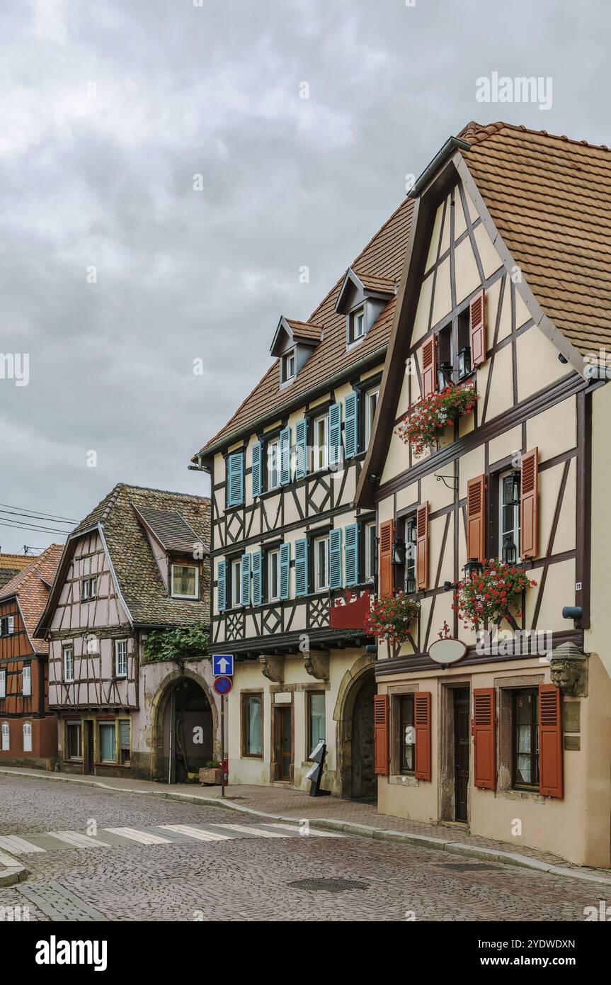 Street with historical half-timbered houses in Obernai, Alsace, France ...