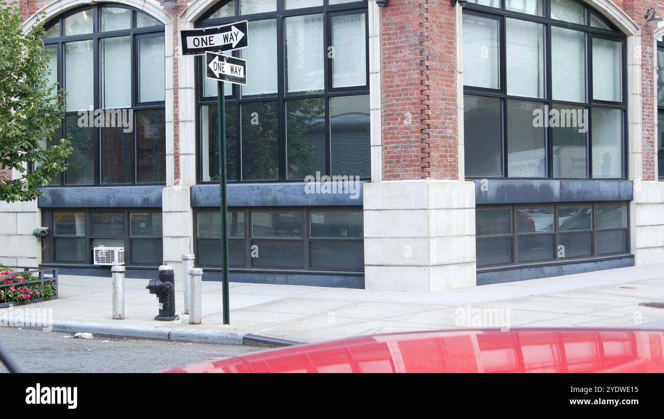 New York City street crossroad, transport road intersection. Corner in ...