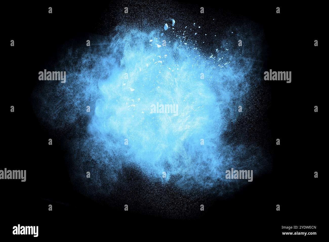 Bizarre forms of blue powder explode cloud on background. Launched blue ...