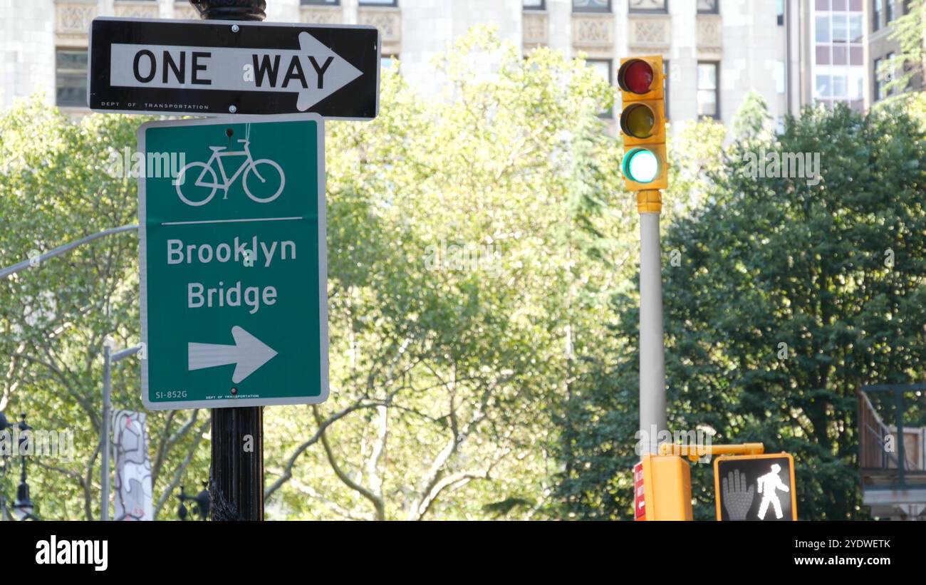 Bike lane road sign, New York. Brooklyn Bridge bicycle path, cycle ...