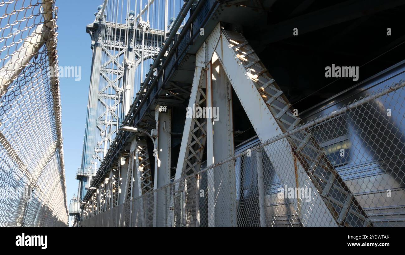 New York City Manhattan Bridge to Brooklyn Dumbo. American subway metro ...