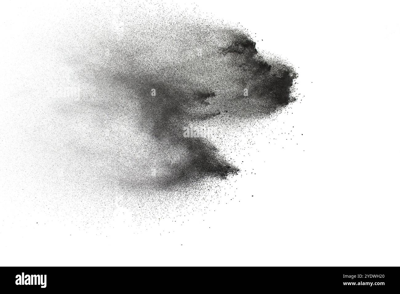 Black powder explosion on white background.Black dust particles splash ...