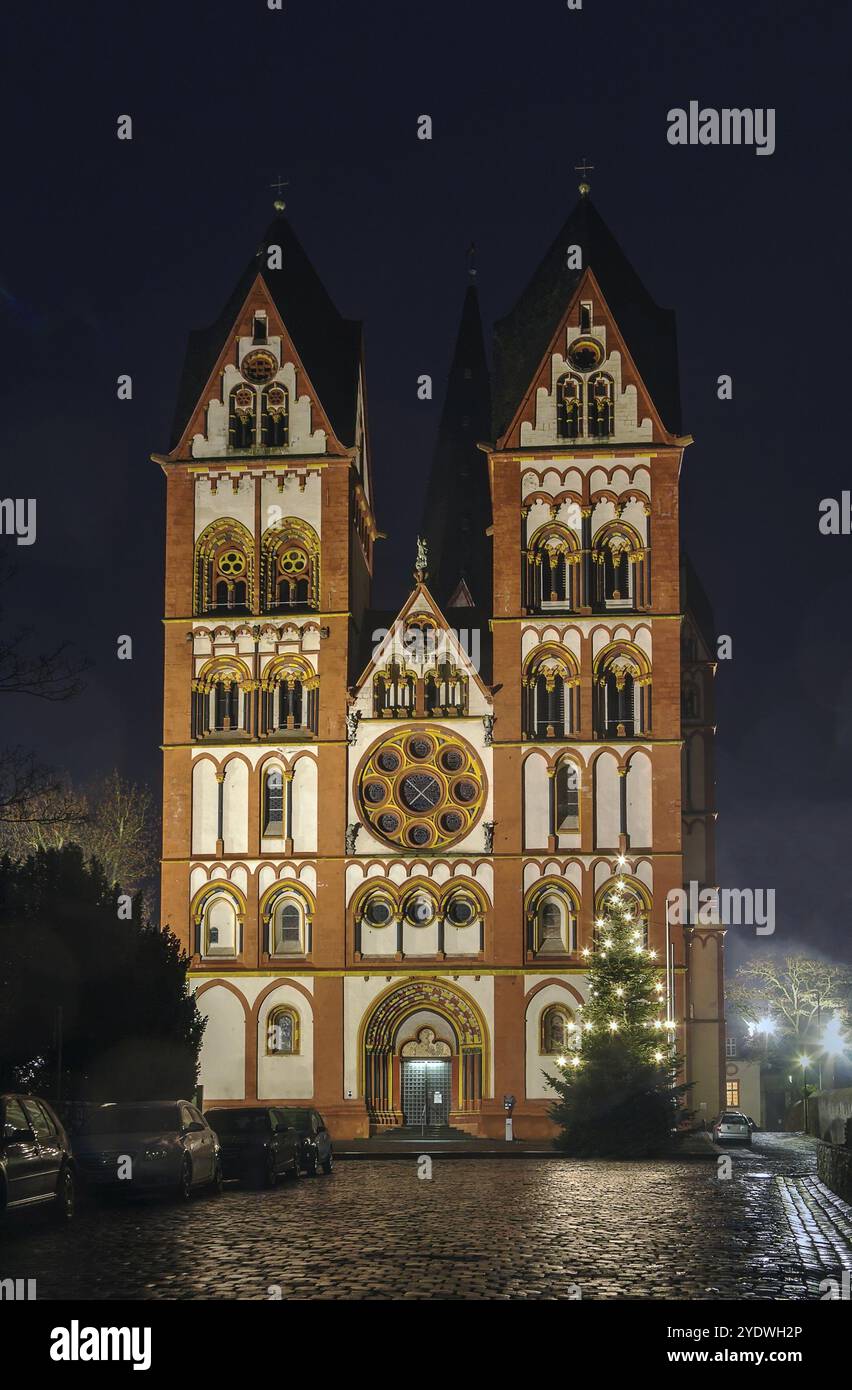 The Catholic Cathedral of Limburg at night, Germany, The building is ...