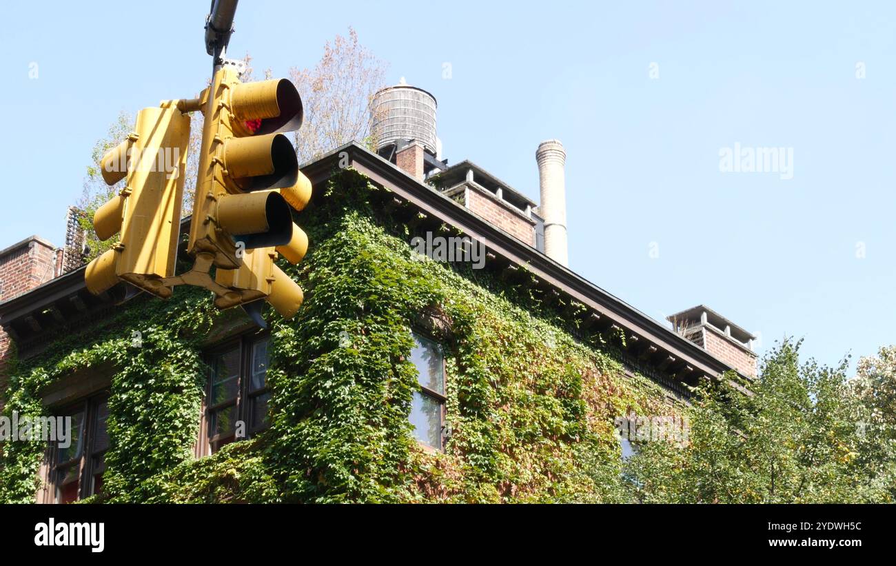 New York City Irving street crossroad, traffic light. Building ...