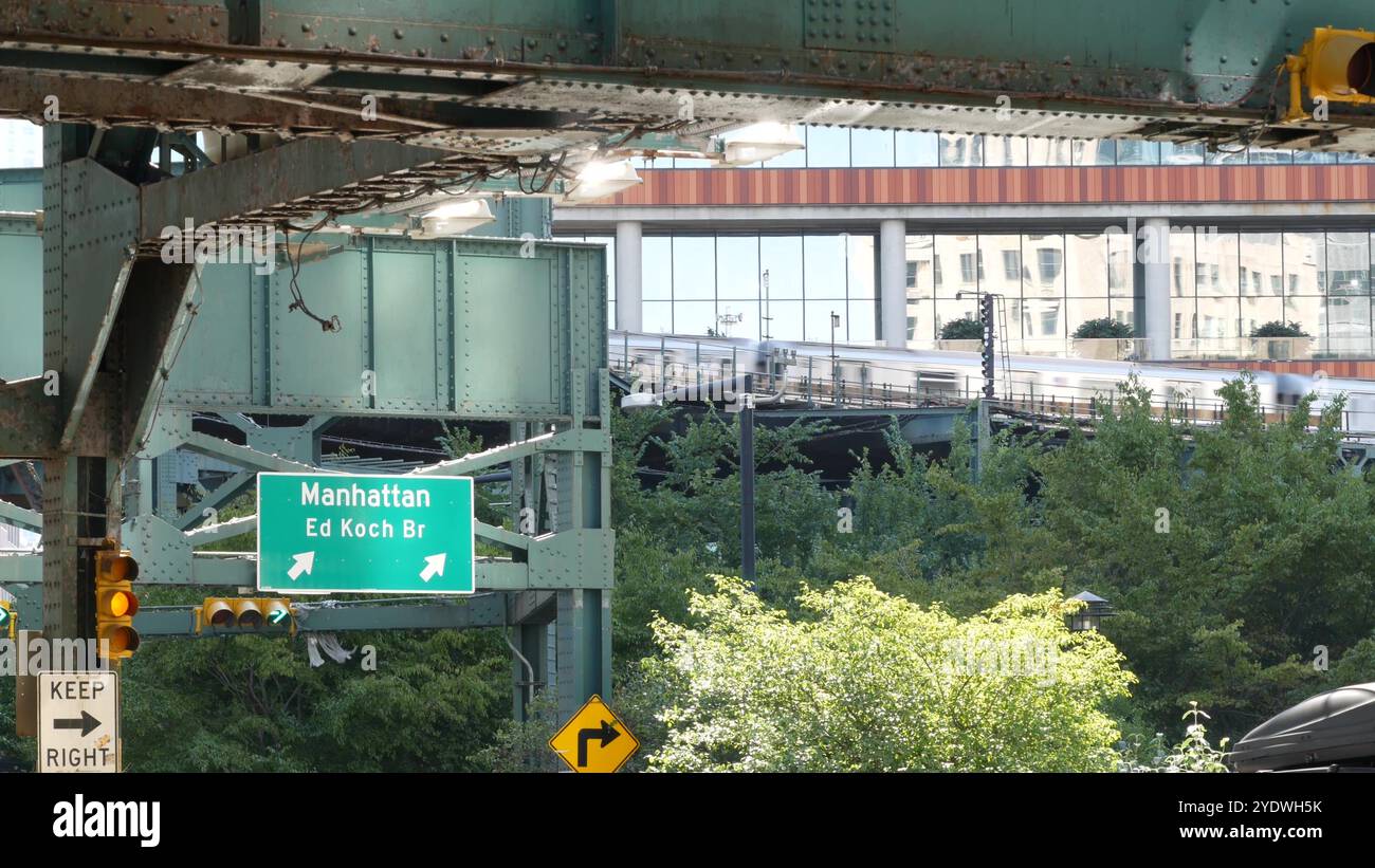 New York elevated subway, metropolitan bridge, metro track above street ...