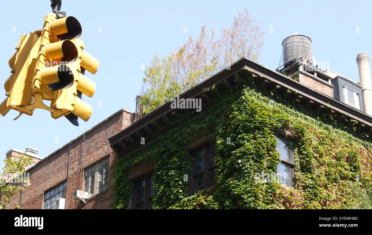 New York City Irving street crossroad, traffic light. Building ...