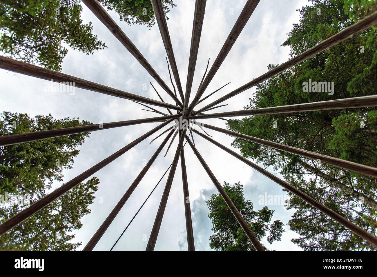 A worm's eye view of a tall teepee or tipi structure, constructed ...