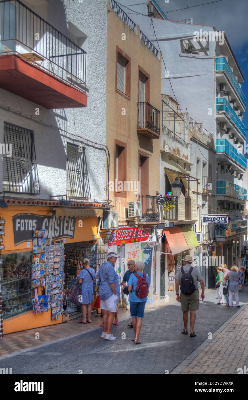 Traditional narrow streets in the old town of Benidorm on the Costa ...