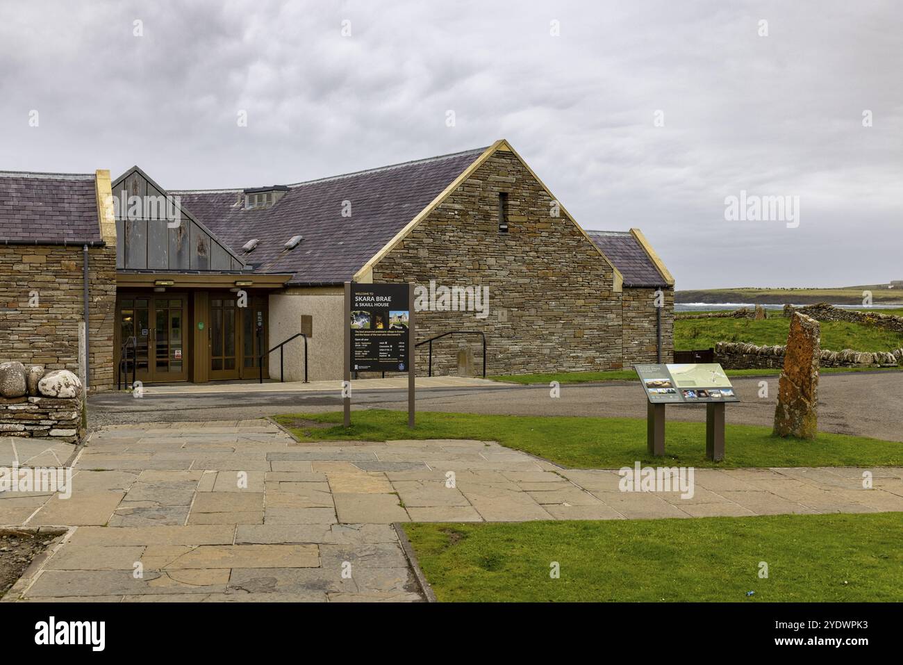 Skara Brae, Neolithic settlement, visitor centre and information board ...