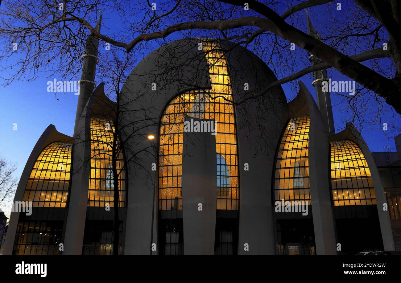 The illuminated central mosque in Cologne at dusk Stock Photo - Alamy