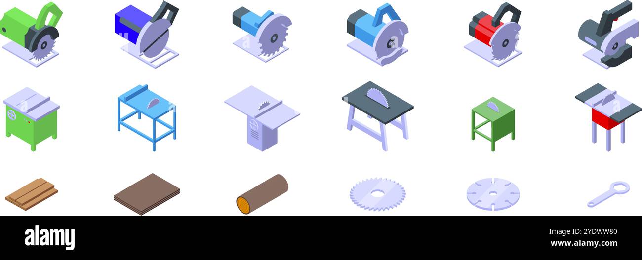 Circular saw machine icons set. Isometric icons representing different ...