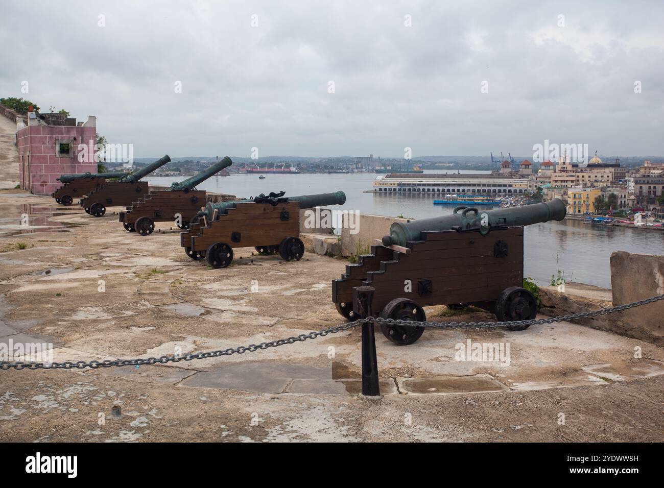 The San Carlos de Cabana fortress with its cannons and downtown on the ...