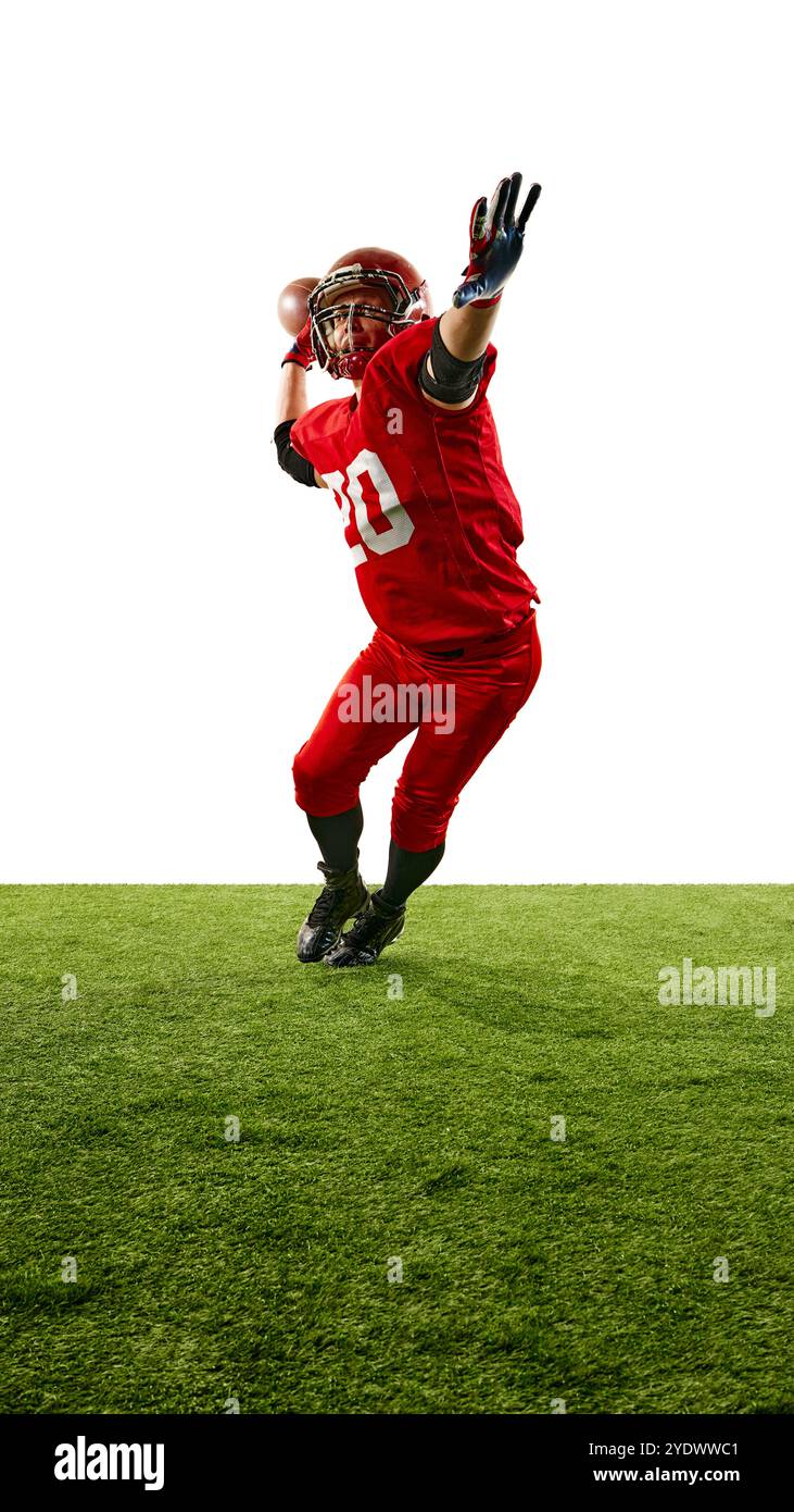 Full-length dynamic image of competitive man, American football player ...