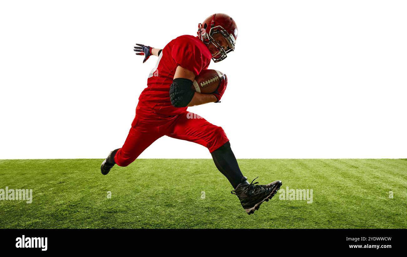 Dynamic image of American football player in red uniform sprinting ...