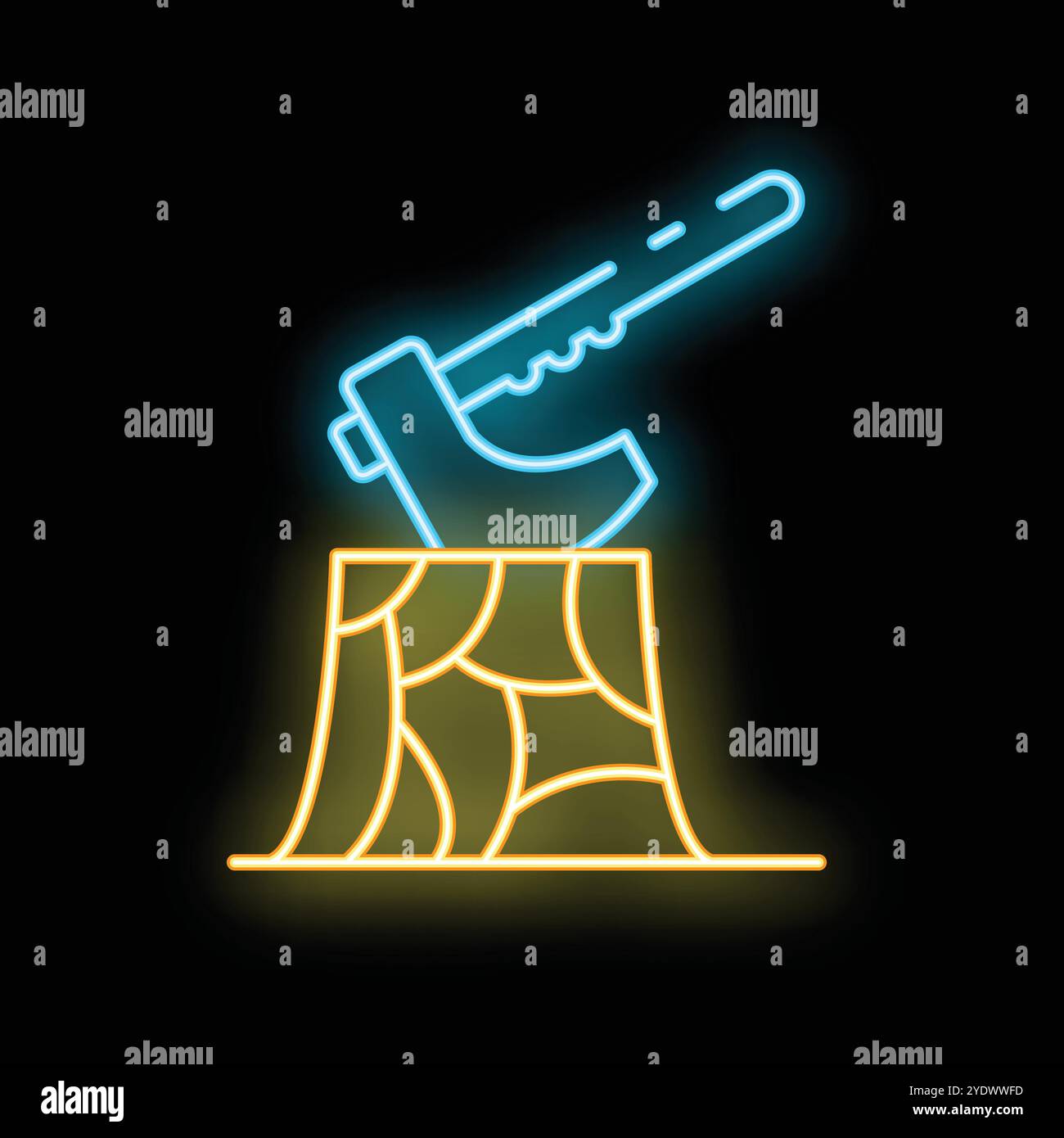 Neon blue axe sticking out of a yellow tree stump on a black background ...