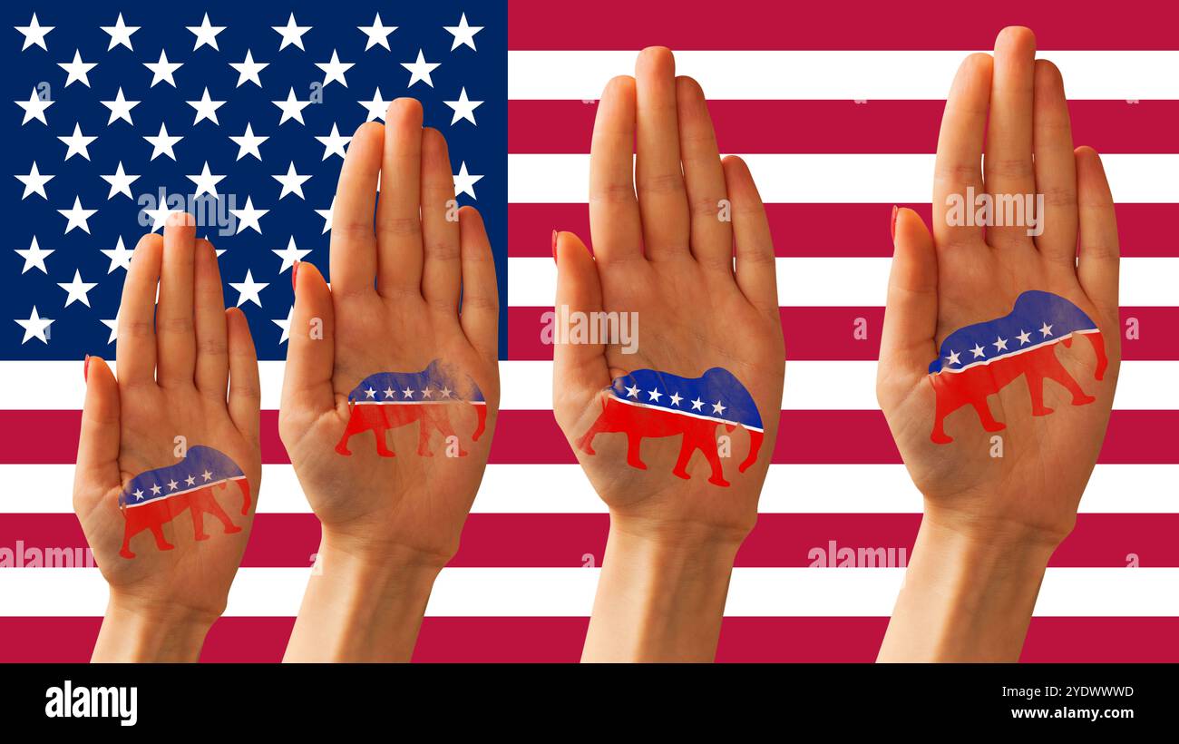 Printed hands holding an elephant, symbol of the Republican Party with ...
