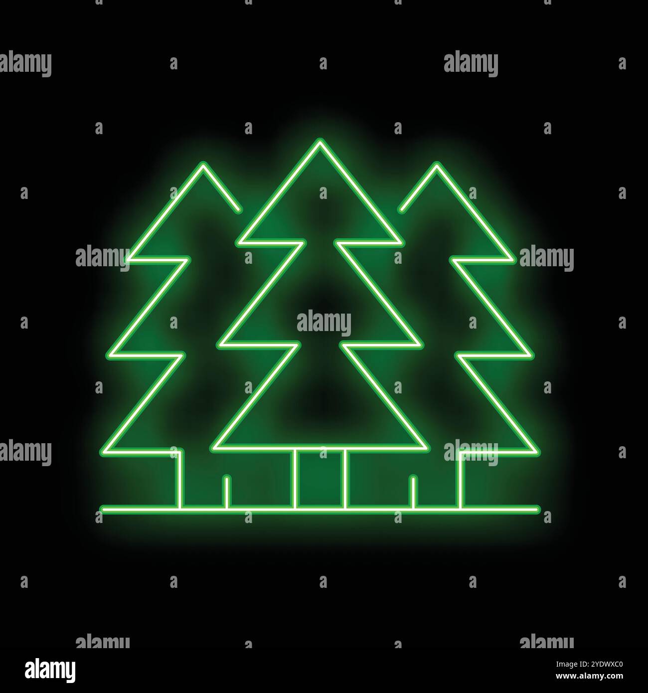 Green neon sign representing three fir trees on a black background ...