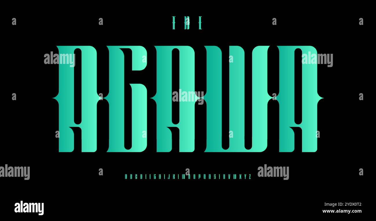 Tall condensed alphabet with refined gothic sharp serifs letters, dark ...