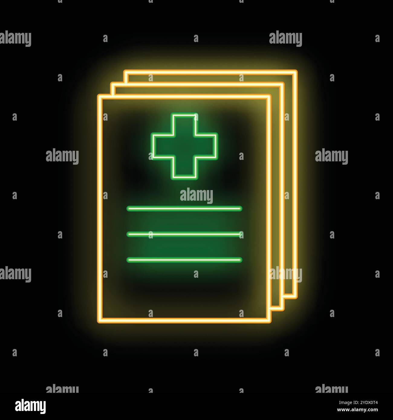 Bright neon sign showing medical records with green cross symbol on ...