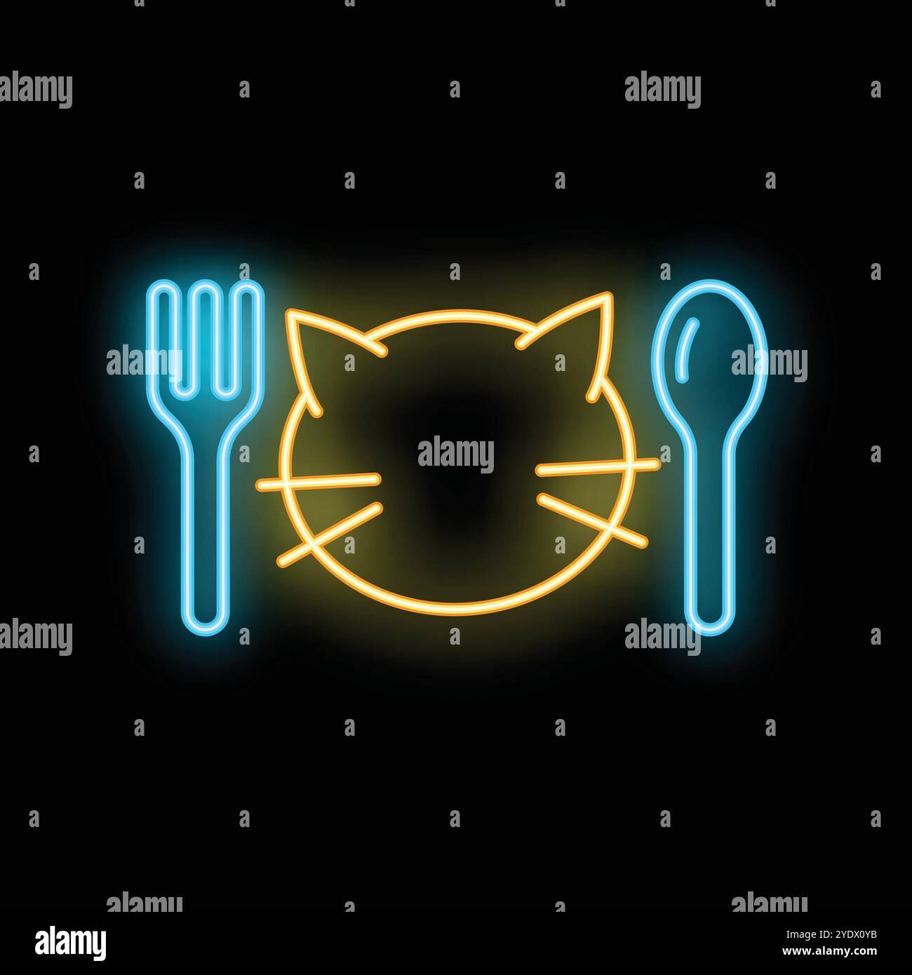 Bright yellow neon sign showing cat face between fork and spoon on black background Stock Vector ...