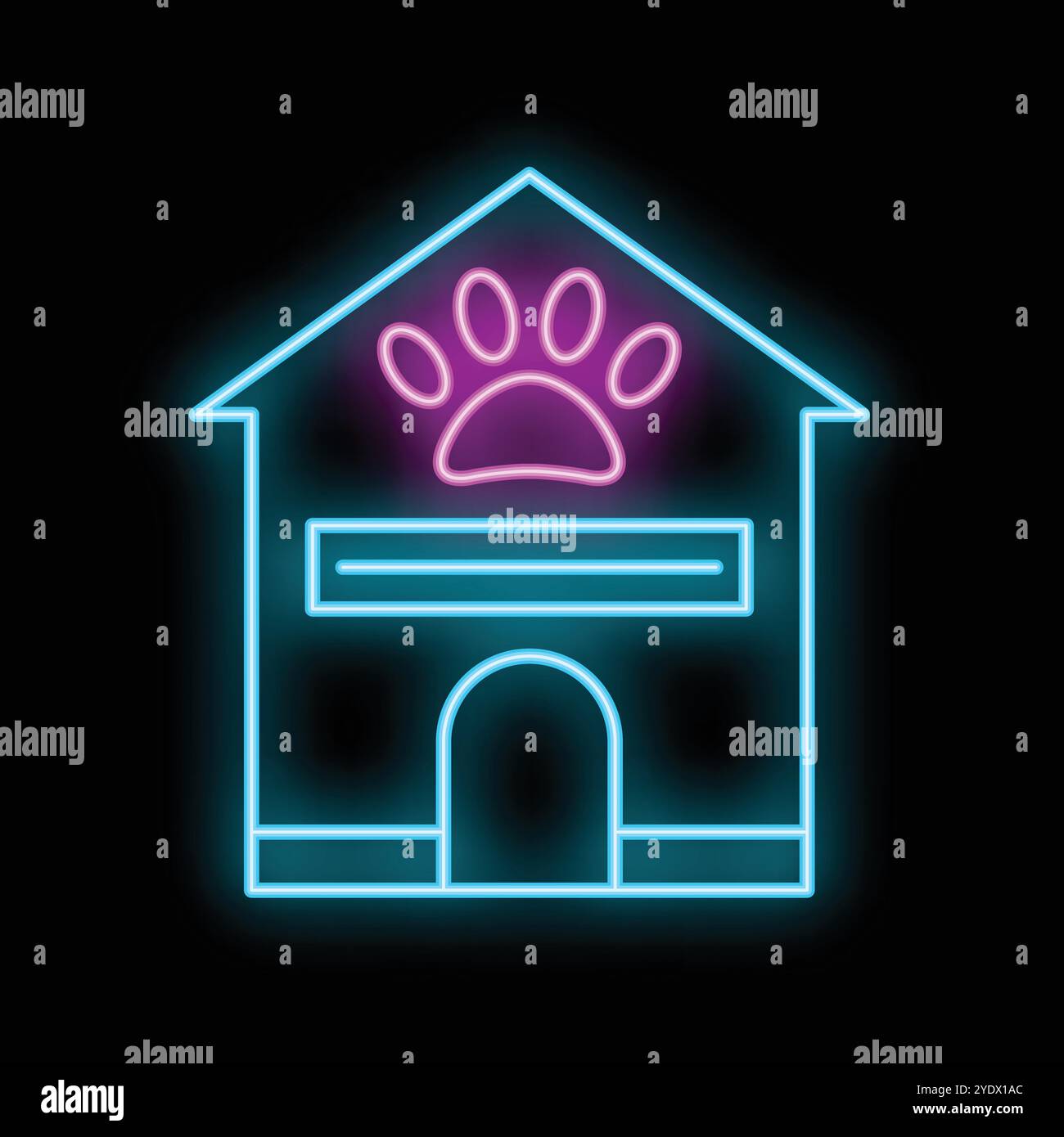 Glowing neon sign of a pet hotel with a dog paw print is shining on a ...