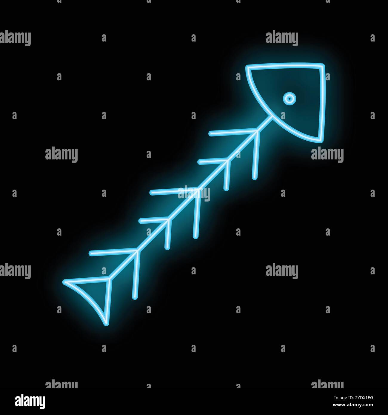 Bright blue neon sign showing the symbol of a fish bone on a black ...