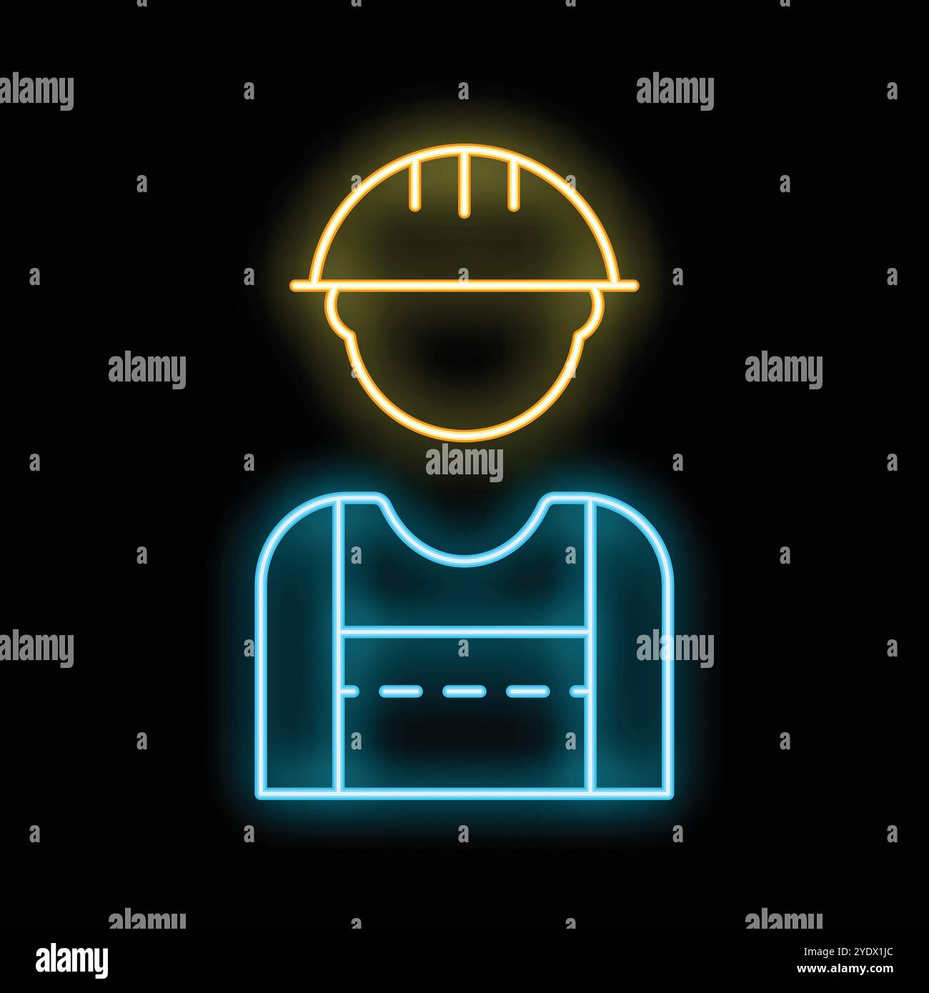 Glowing neon icon representing a construction worker wearing a hard hat ...