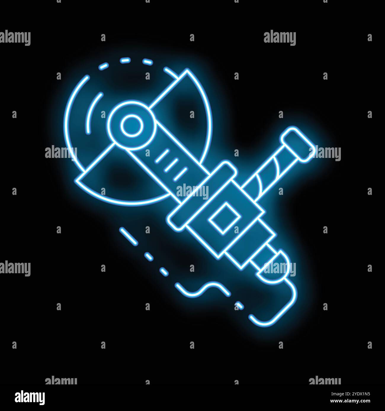 Bright blue neon icon of an angle grinder cutting a metal surface, on a black background Stock ...