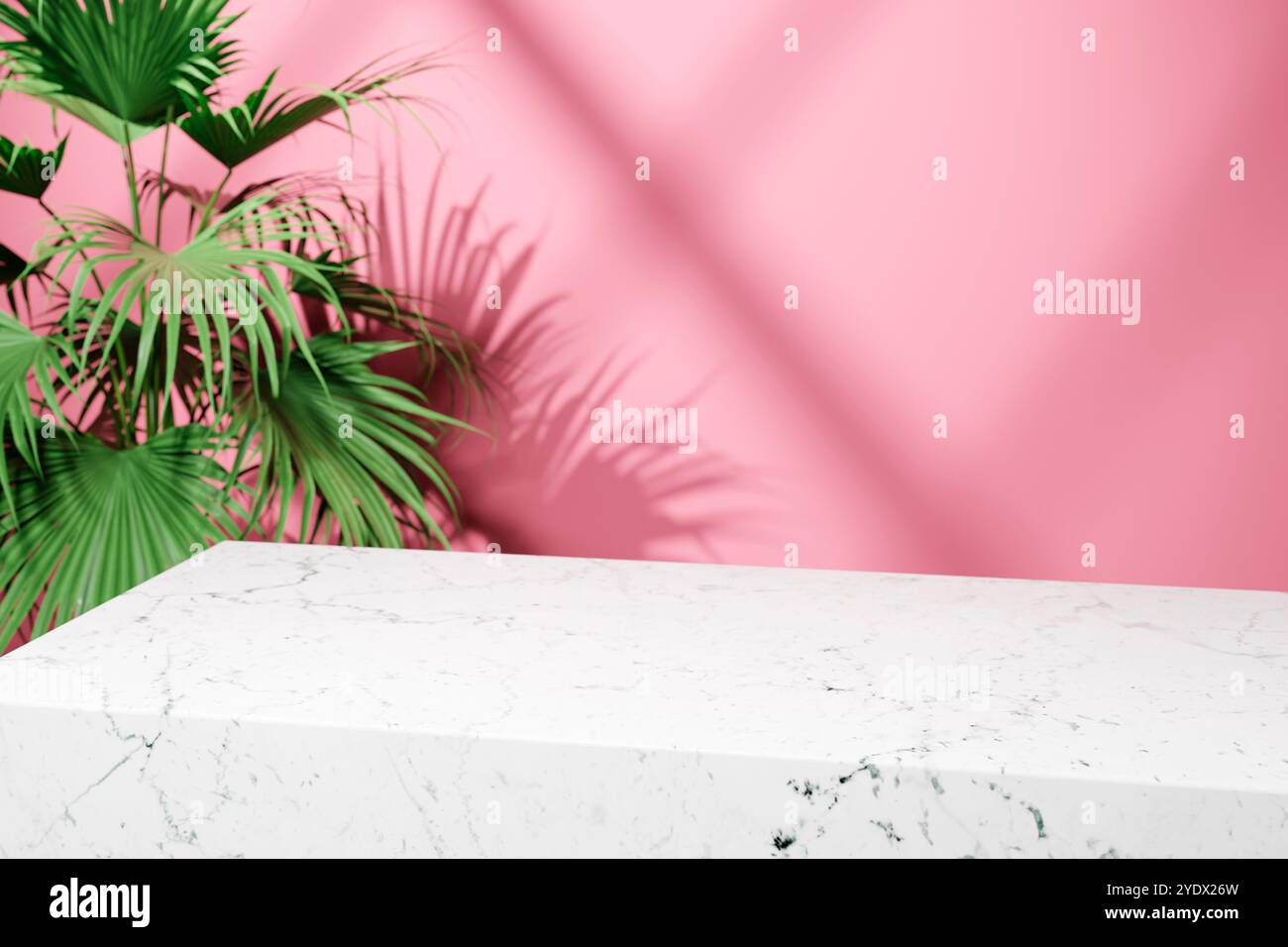 Luxury marble table with palm shadow on pink wall background. Product ...