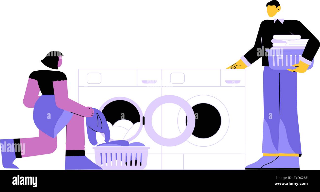 Two Characters Using Laundry Machines In Public Laundromat In Flat ...