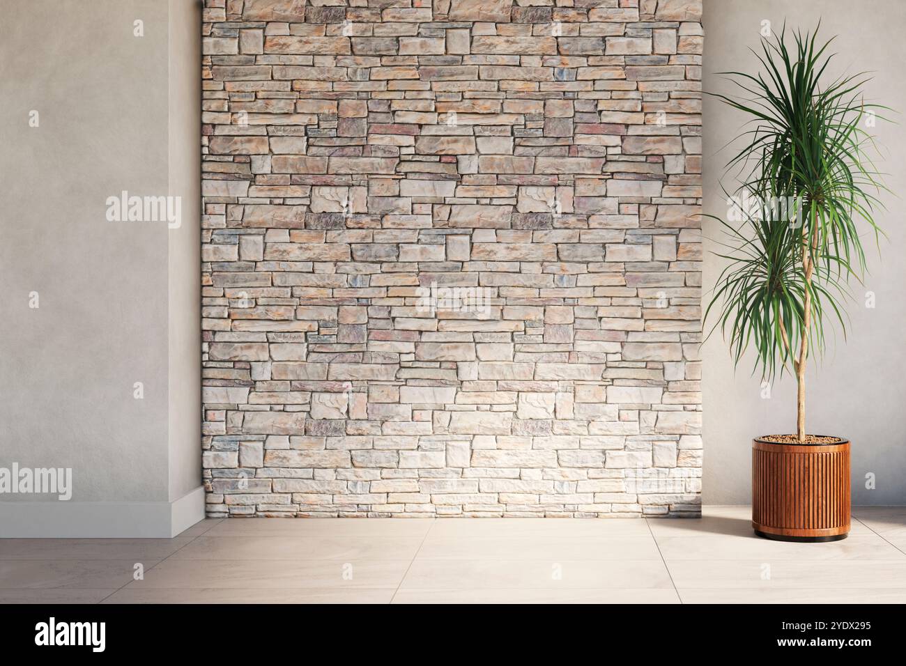 Minimal interior design with empty stone wall in luxury modern villa ...