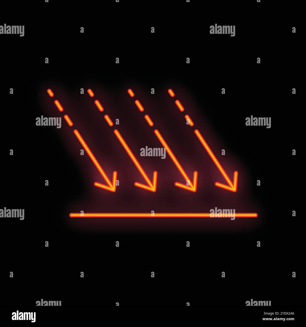 Neon glowing arrows pointing down on a surface on a black background ...