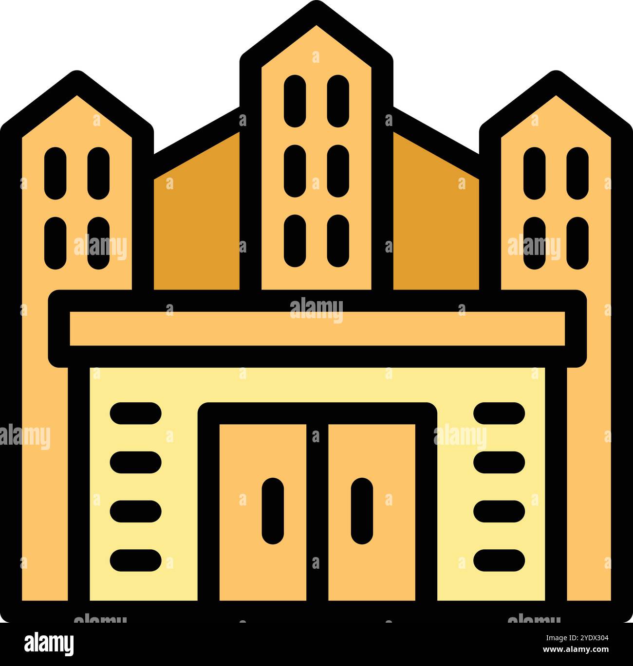 Modern building facade with large entrance doors and three towers ...