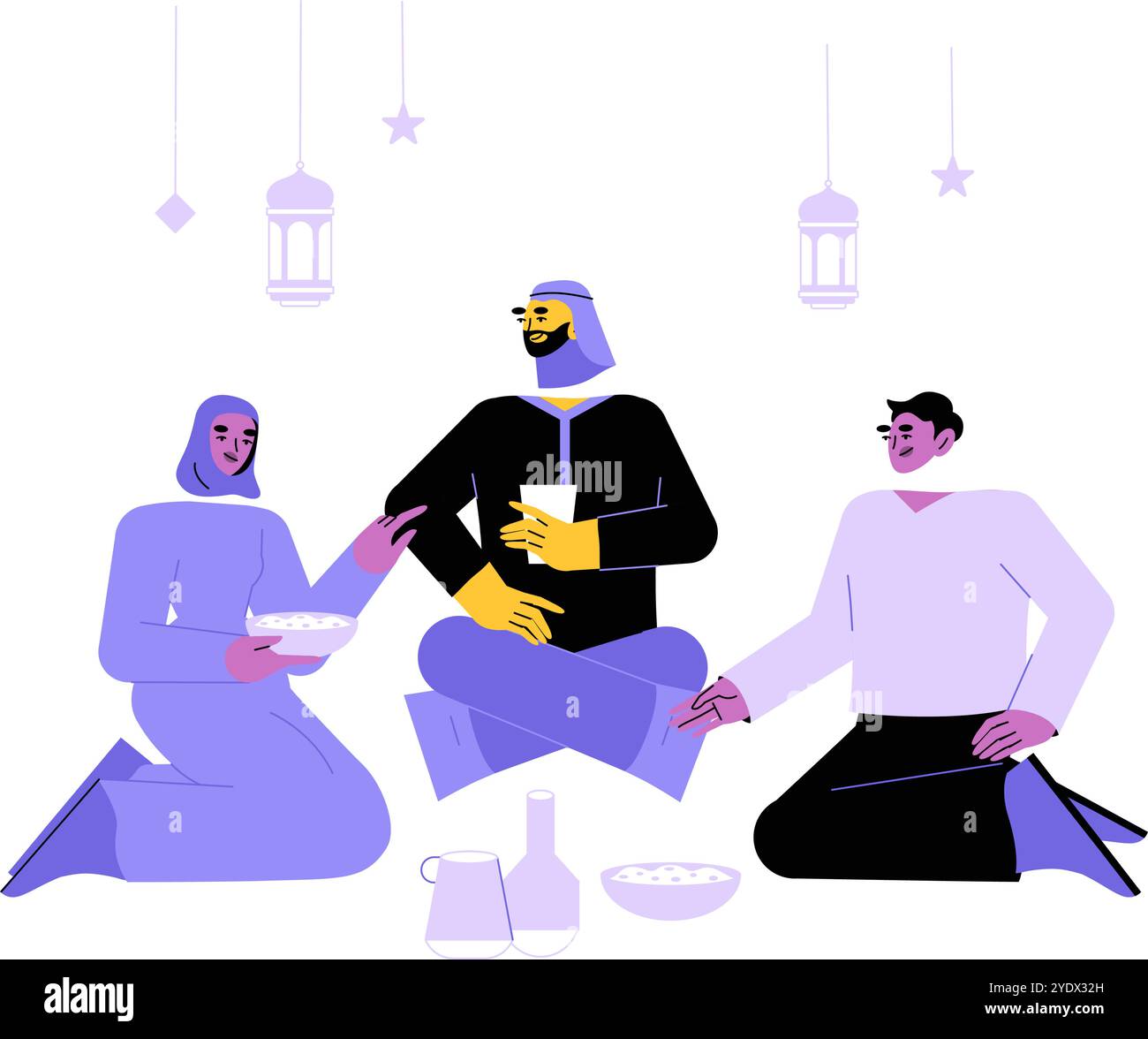 Group Of Muslims Sharing Food In Flat Vector Illustration Symbolizing ...