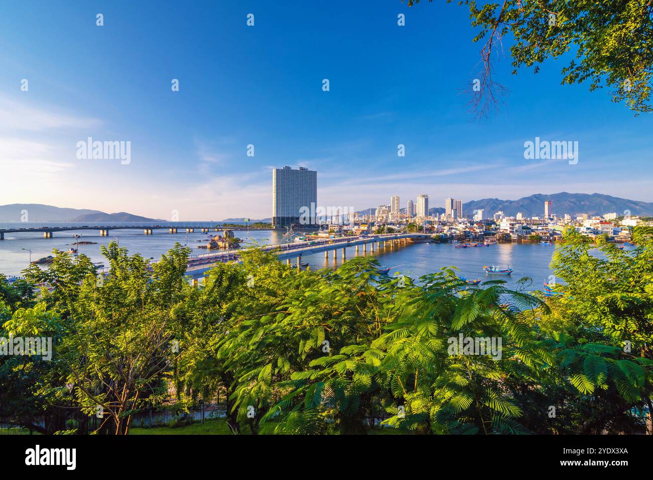 Cai River and Xom Bong Bridge in Nha Trang. Panorama of the resort city ...