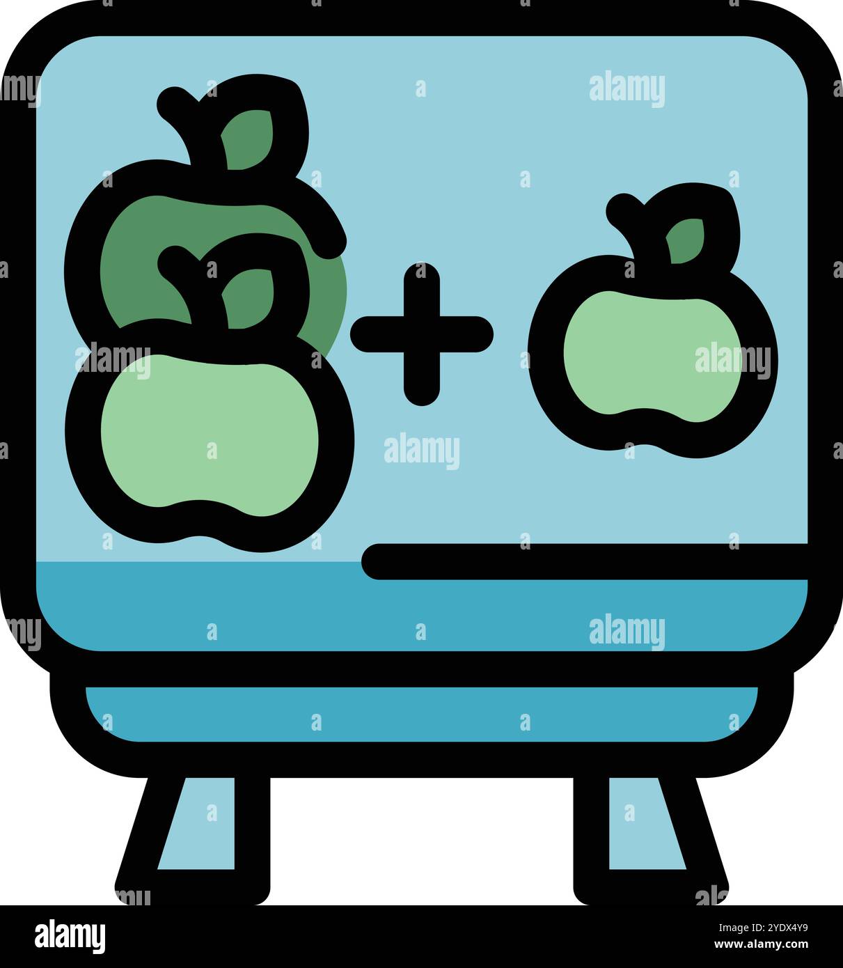 Colorful icon representing addition problem with apples on a blackboard ...