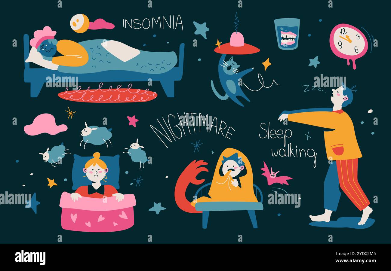 Insomnia and nightmares - modern colored vector illustration set Stock ...