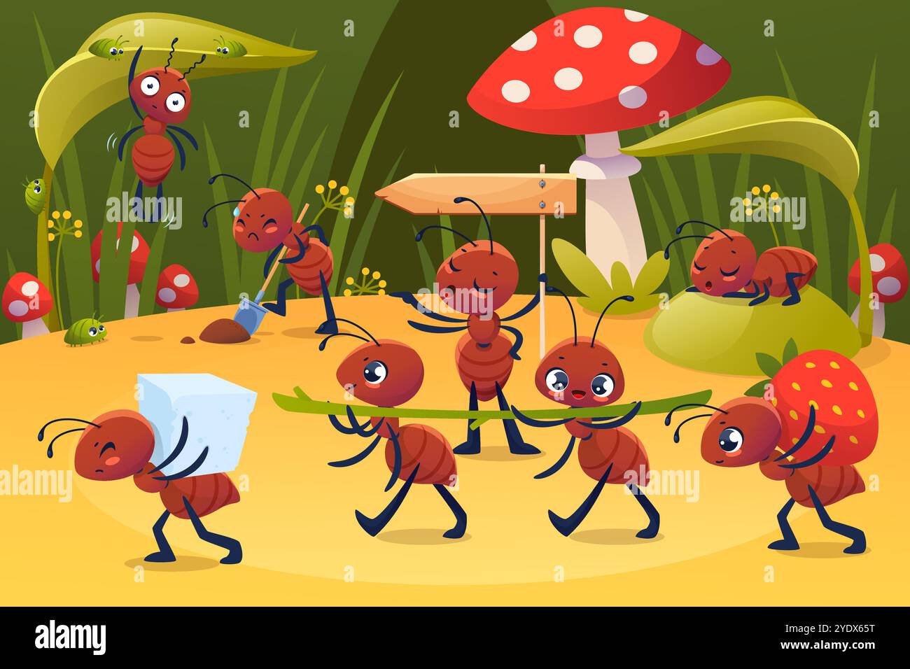 Small insects life. Cute ants working and resting, carry food and grass ...