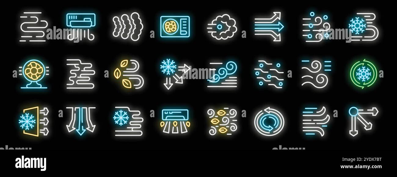 Neon icons represent ventilation, air conditioning, airflow, and ...