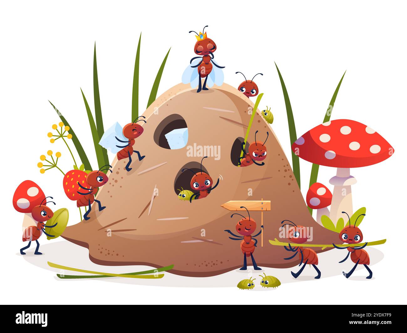 Cartoon anthill with funny ants. Tiny insects home in forest, cute ...