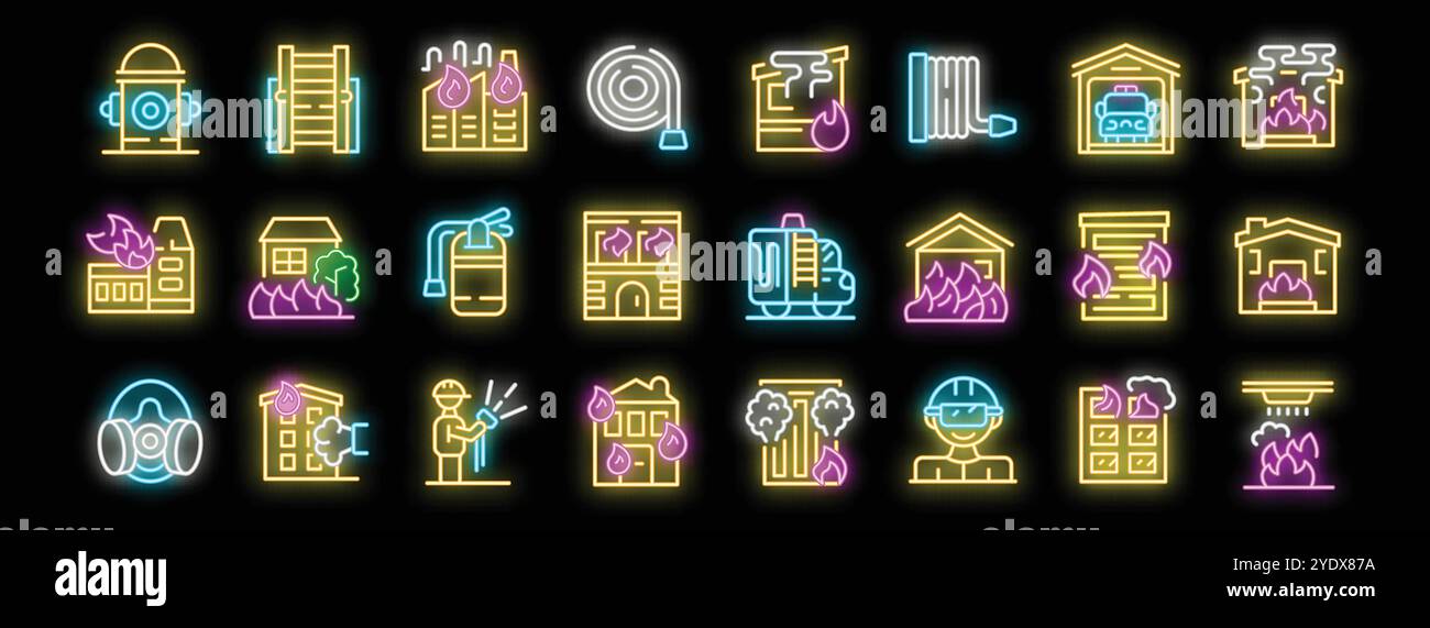 Neon icons illuminating essential firefighting elements, from equipment ...
