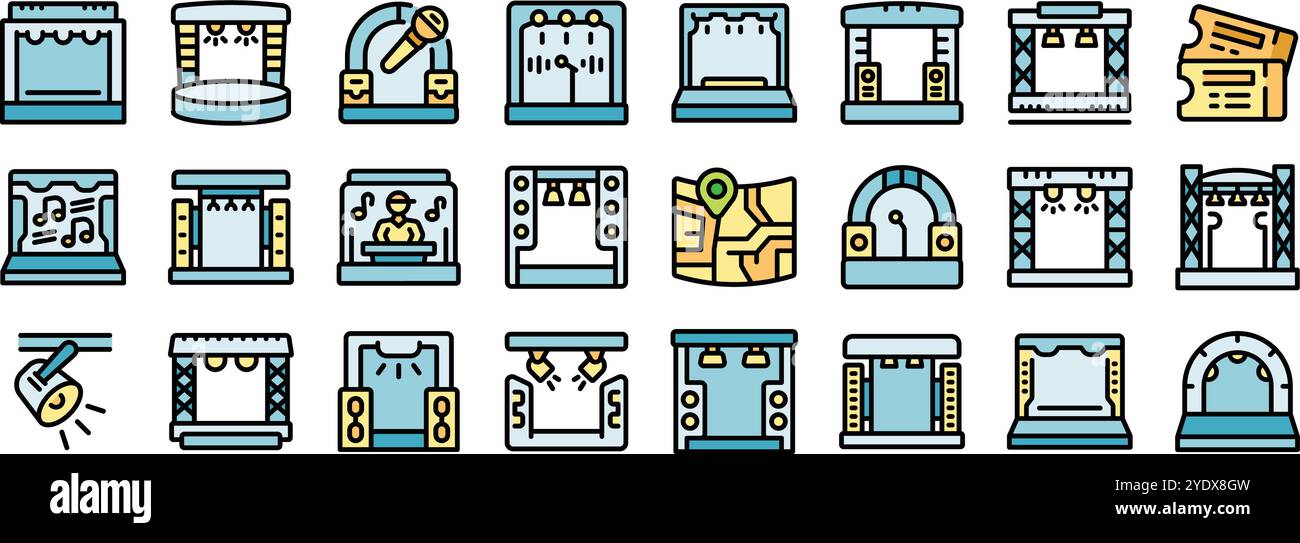 Collection of scene icons representing various stages equipped with ...